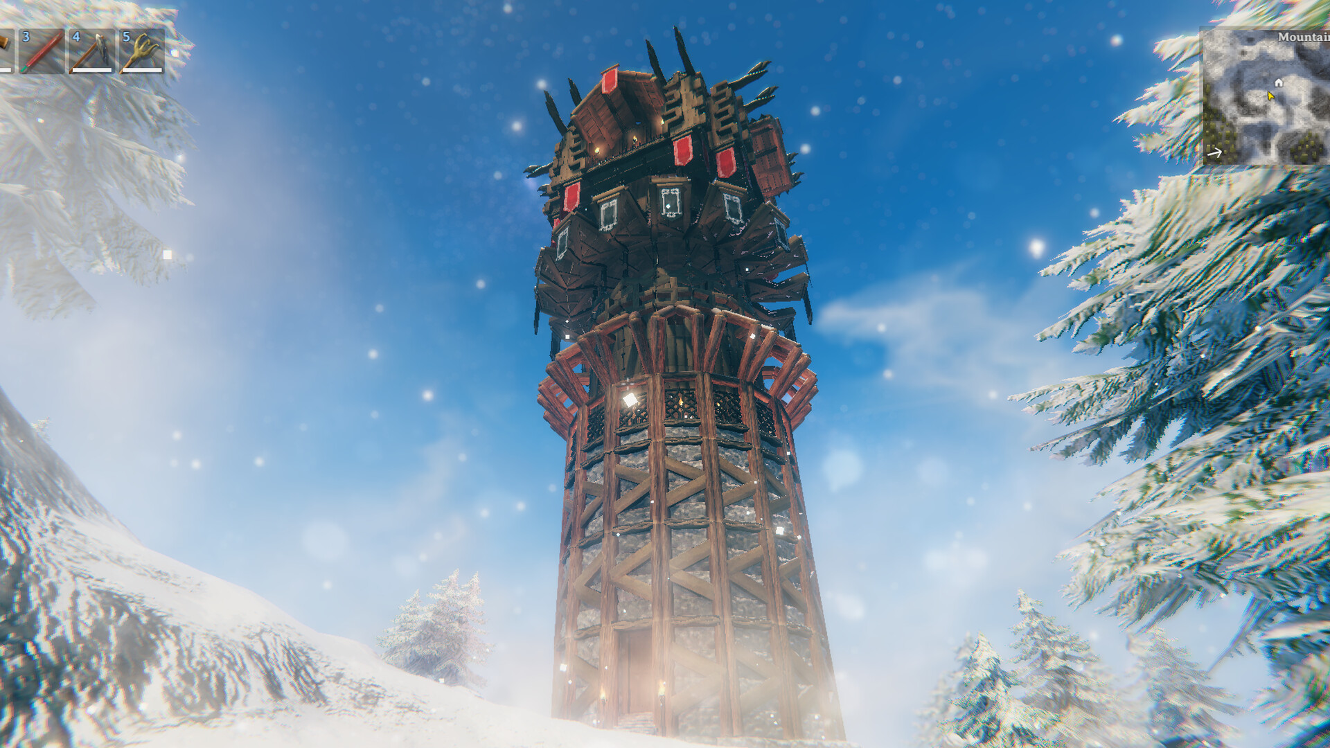 Detailed mountain tower Valheim Build